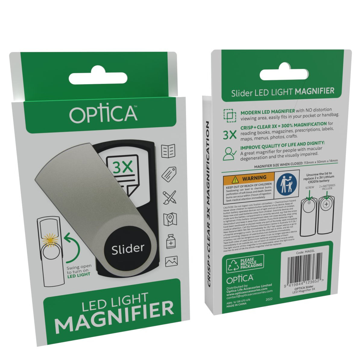 Optica Mini-Metro Slider - LED 3x Magnifier — Magnifiers NZ